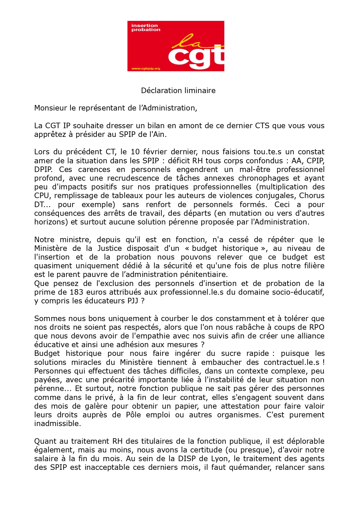Déclaration Liminaire de la CGT IP au CT du SPIP 01 – CGT insertion ...