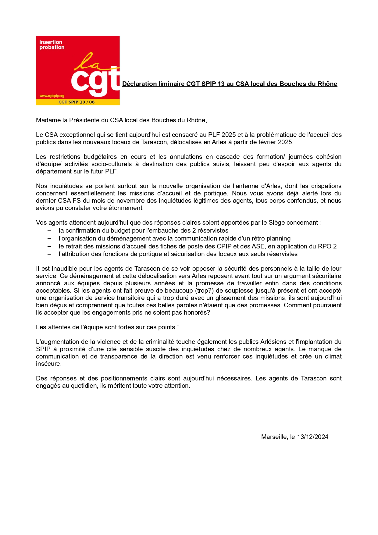 CSA SPIP 13 déclaration liminaire – CGT insertion probation
